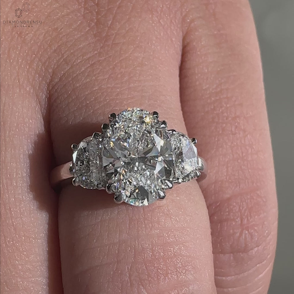 2 CT Oval and Half Moon Lab Grown Diamond Three Stone Engagement Ring