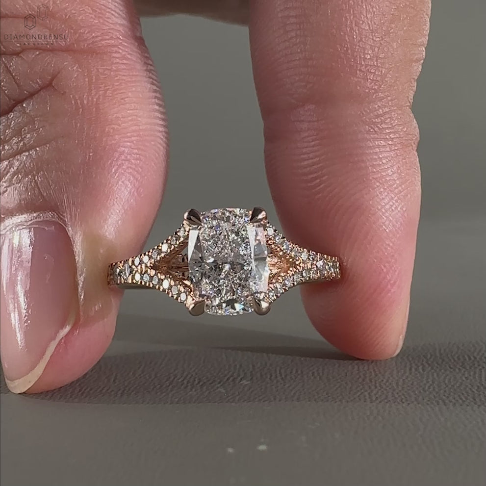 Elongated Cushion Cut Diamond Ring, Split Shank Pave Engagement Ring