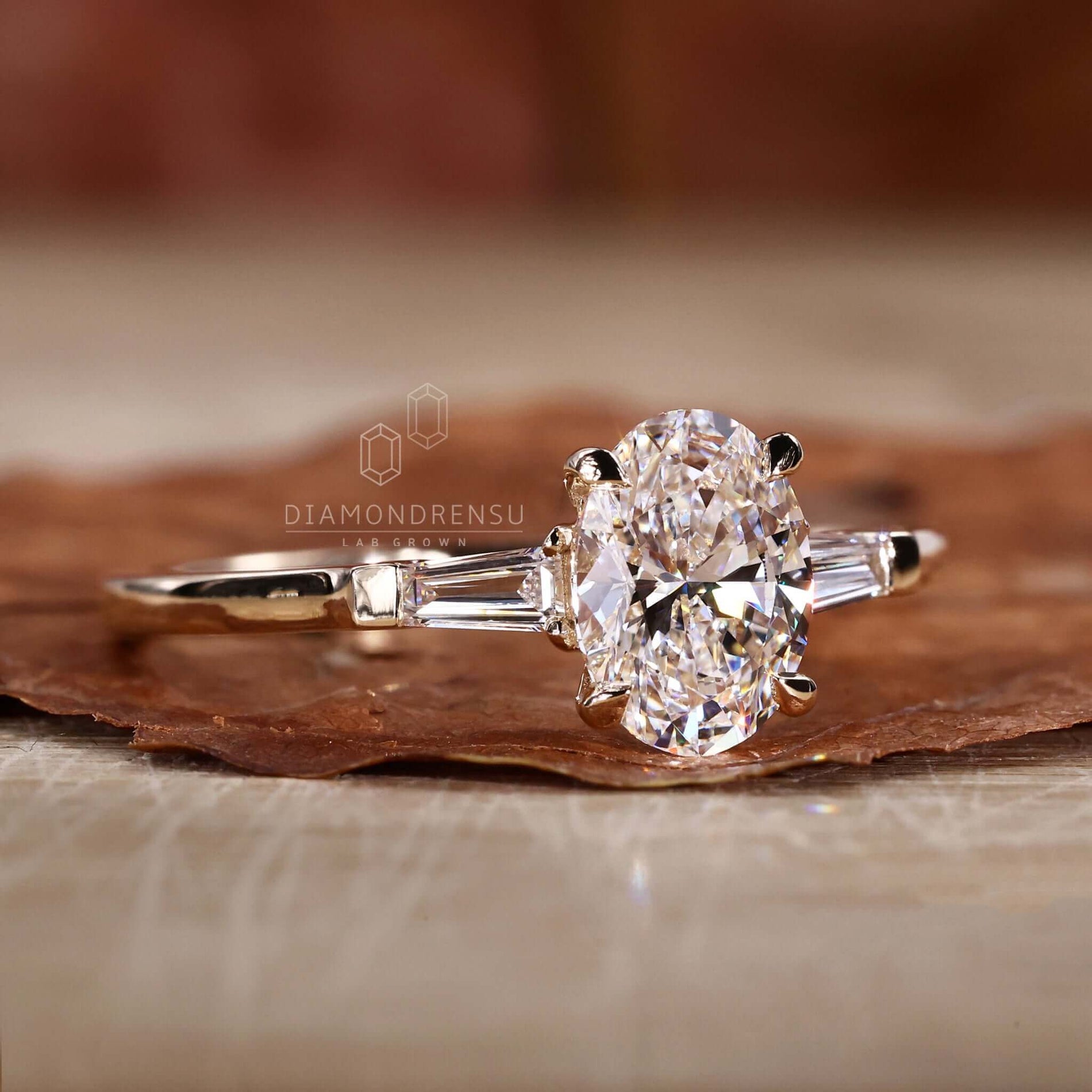 Oval Diamond Engagement Ring, Side Baguette Three Stone Ring