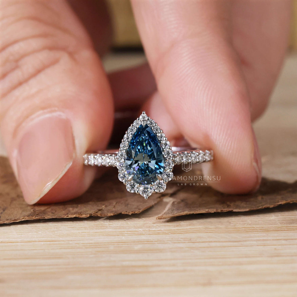 Pear Blue Diamond Ring, Pear Lab Grown Blue Diamond Engagement Ring