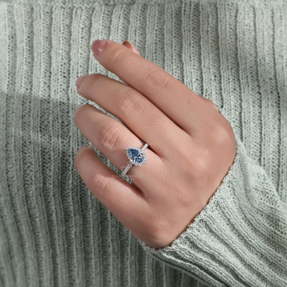 Pear Blue Diamond Ring, Pear Lab Grown Blue Diamond Engagement Ring