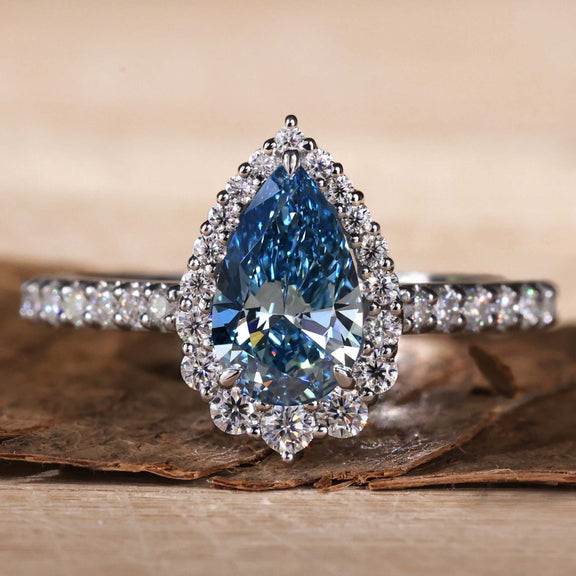 Pear Blue Diamond Ring, Pear Lab Grown Blue Diamond Engagement Ring
